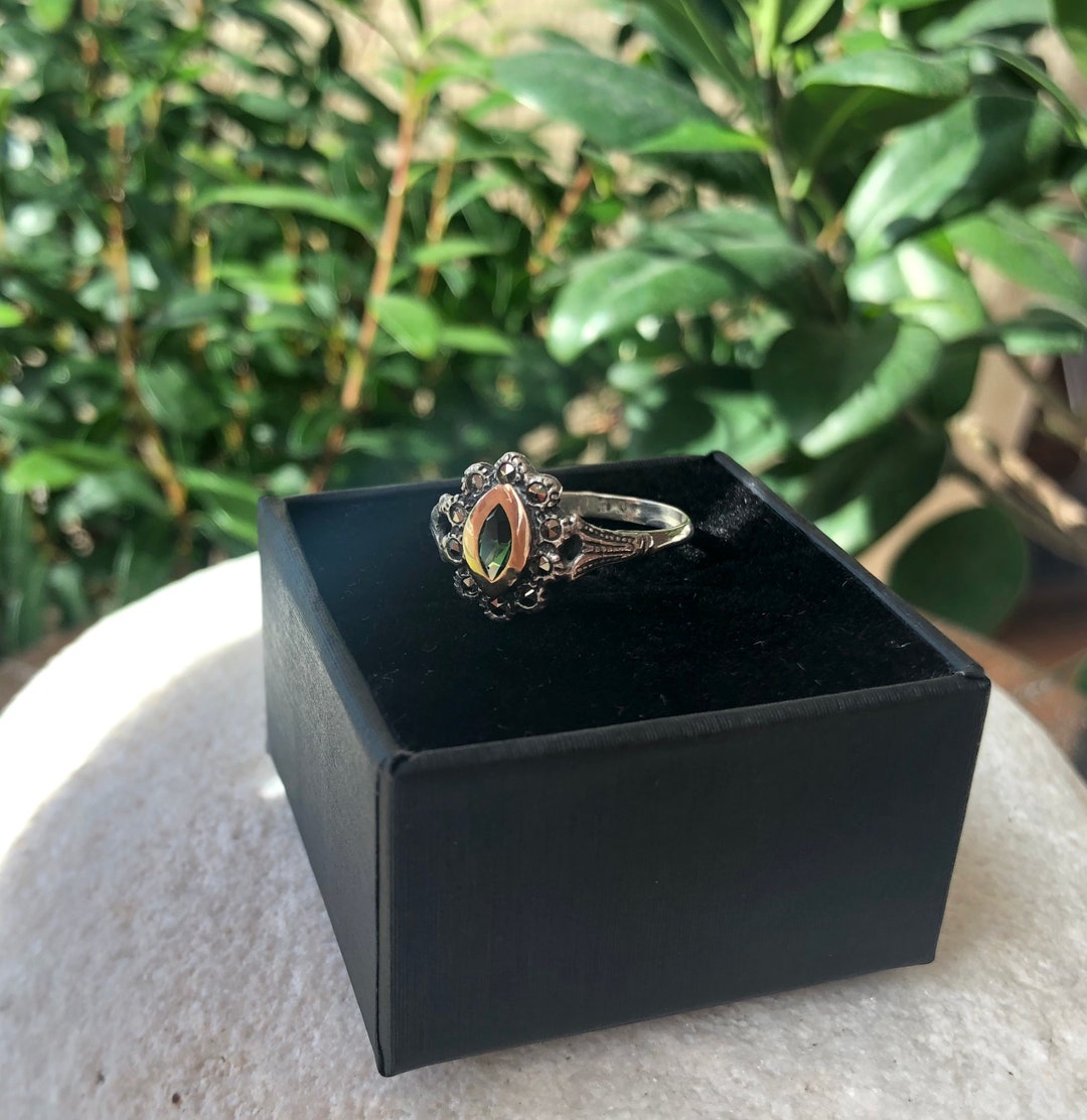 Vintage Marcasite Ring, 925 Sterling Silver, 9k Gold, Zirconia Stone - Etsy