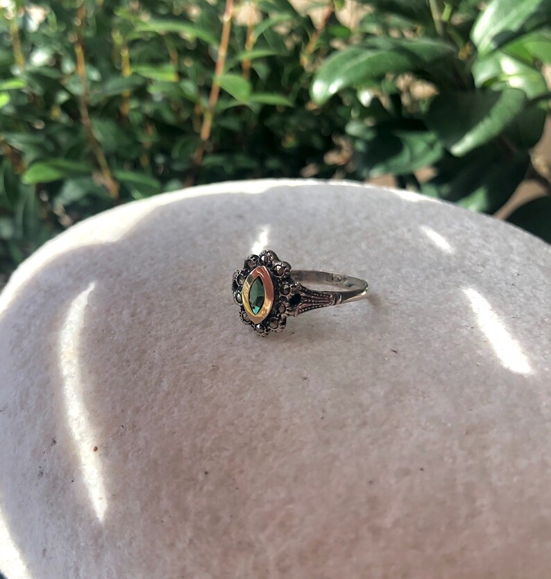 Vintage Marcasite Ring, 925 Sterling Silver, 9k Gold, Zirconia Stone - Etsy
