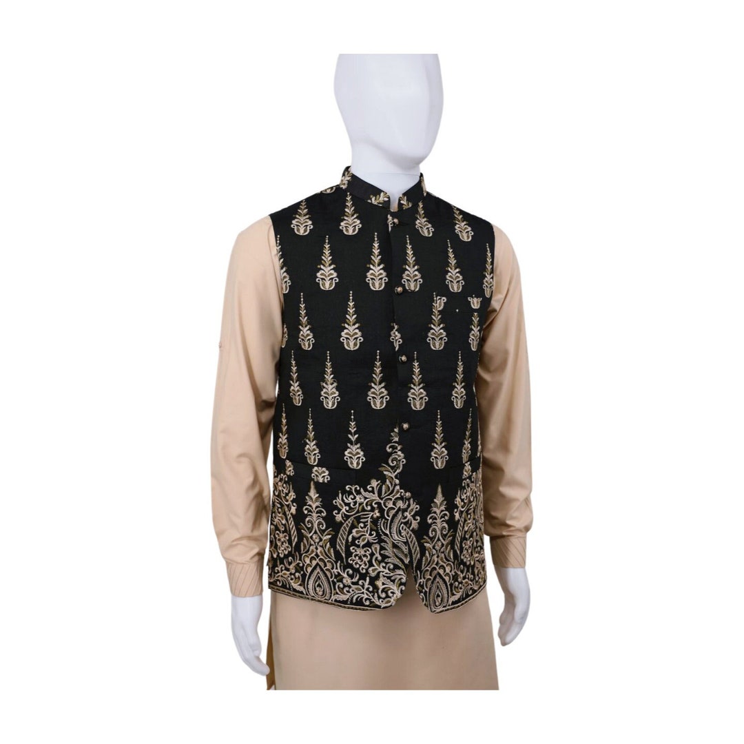 Black Gold Embroidery Koti Waistcoat Mens Ramadan, Eid, Kurta Pajama ...