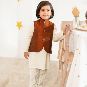 Rust Silk Koti Waistcoat Baby Kids; Ramadan, Eid, Kurta Pajama, Shalwar ...