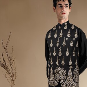 Black + Gold Embroidery Koti Waistcoat Mens; Ramadan, Eid, Kurta Pajama ...