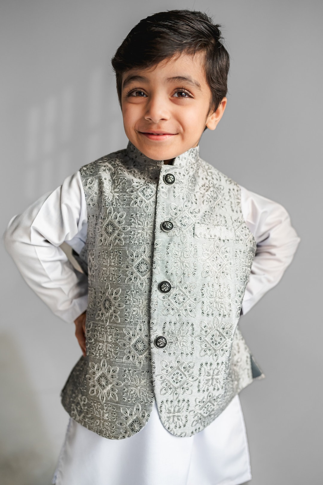 Chandi Grey Embroidery Koti Waistcoat Baby Kids; Ramadan, Eid, Kurta ...