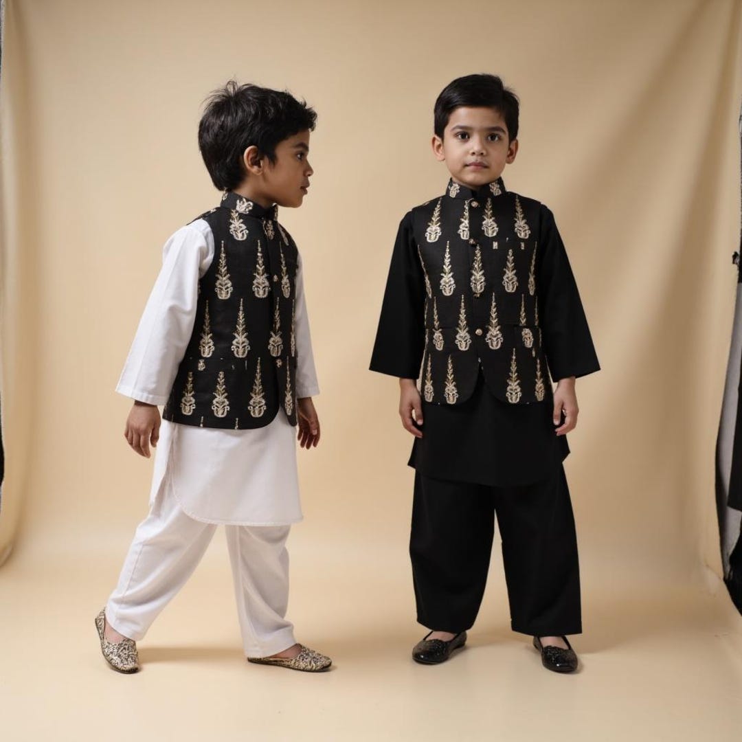 Black + Gold Embroidery Koti Waistcoat Baby Kid; Ramadan, Eid, Kurta ...