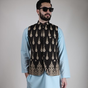 Black + Gold Embroidery Koti Waistcoat Mens; Ramadan, Eid, Kurta Pajama ...
