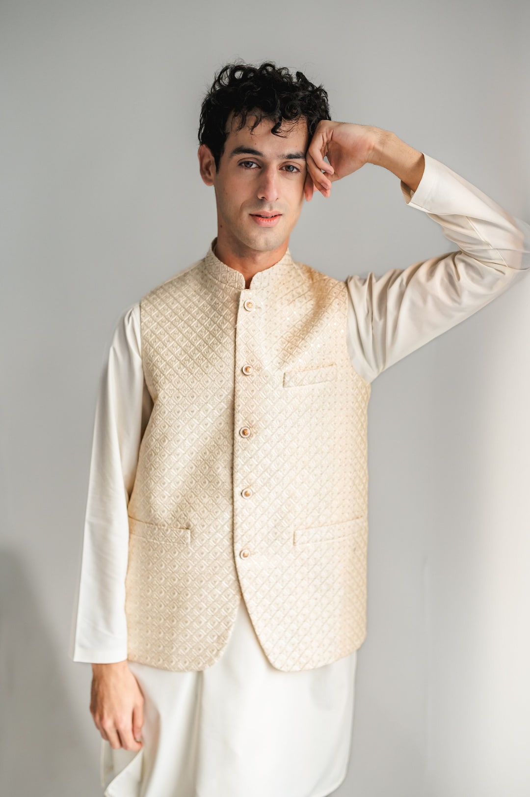 Ivory Mesori Embroidery Koti Waistcoat Mens Ramadan, Eid, Kurta Pajama ...