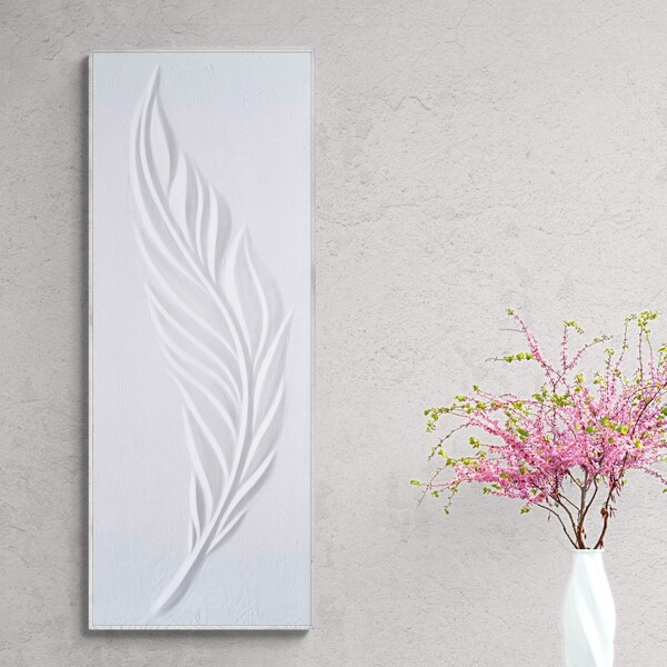 Minimalist White Feather Plaster Wall Decoration, 3D Wall Art for ...
