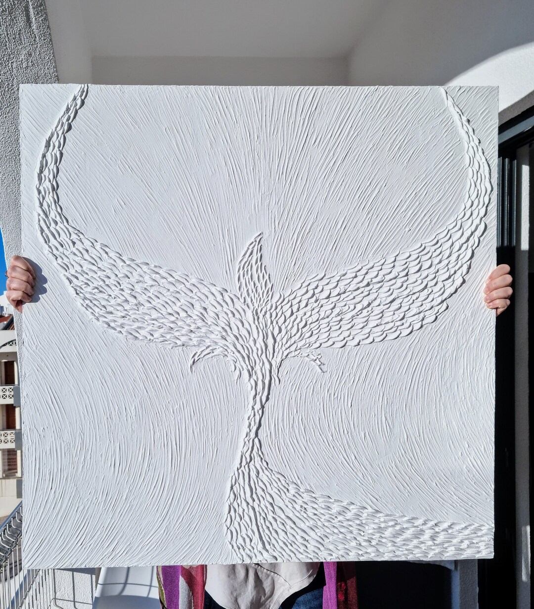 White Textured Phoenix Bas Relief Art: Handmade Plaster Wall Sculpture ...