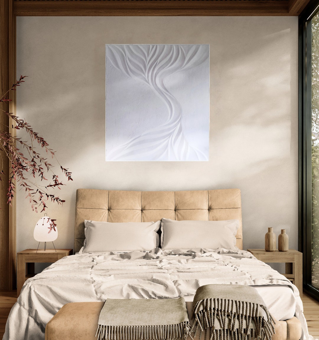 White Bas Relief Tree, Symbolizes Harmony & Renewal, Monochrome ...