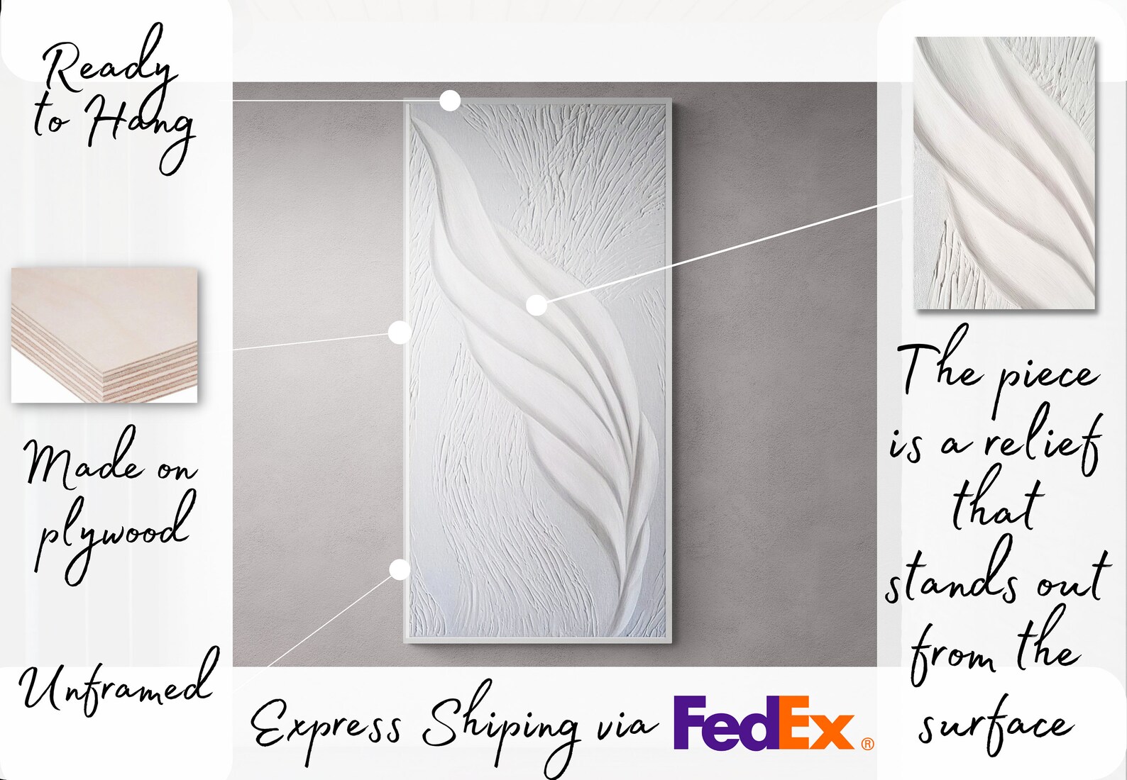 Minimalist White Feather Plaster Wall Decoration, 3D Wall Art for ...