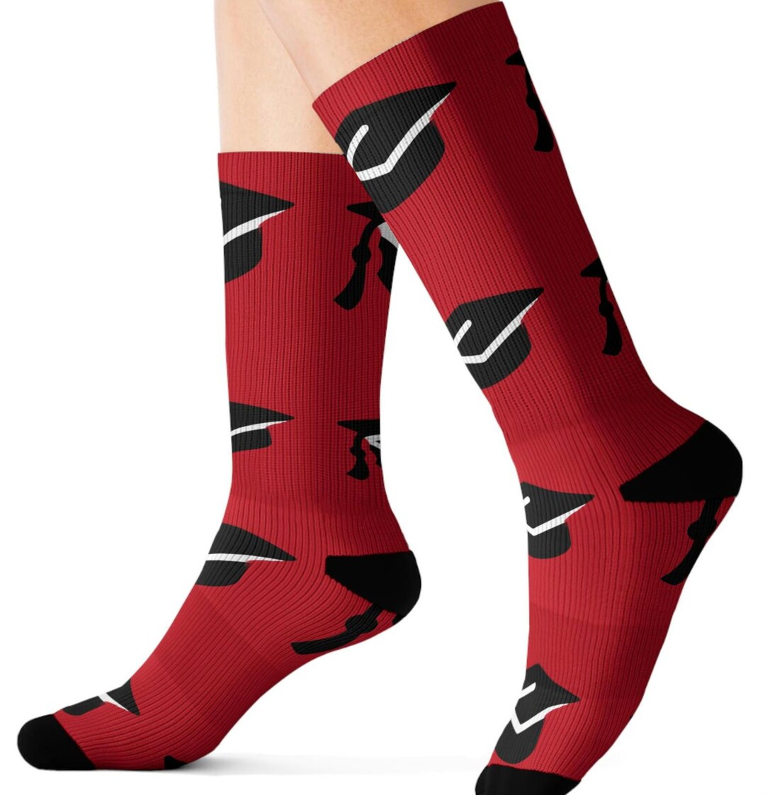 Graduation Cap Socks, College Student Gift, Black and Red Socks ...