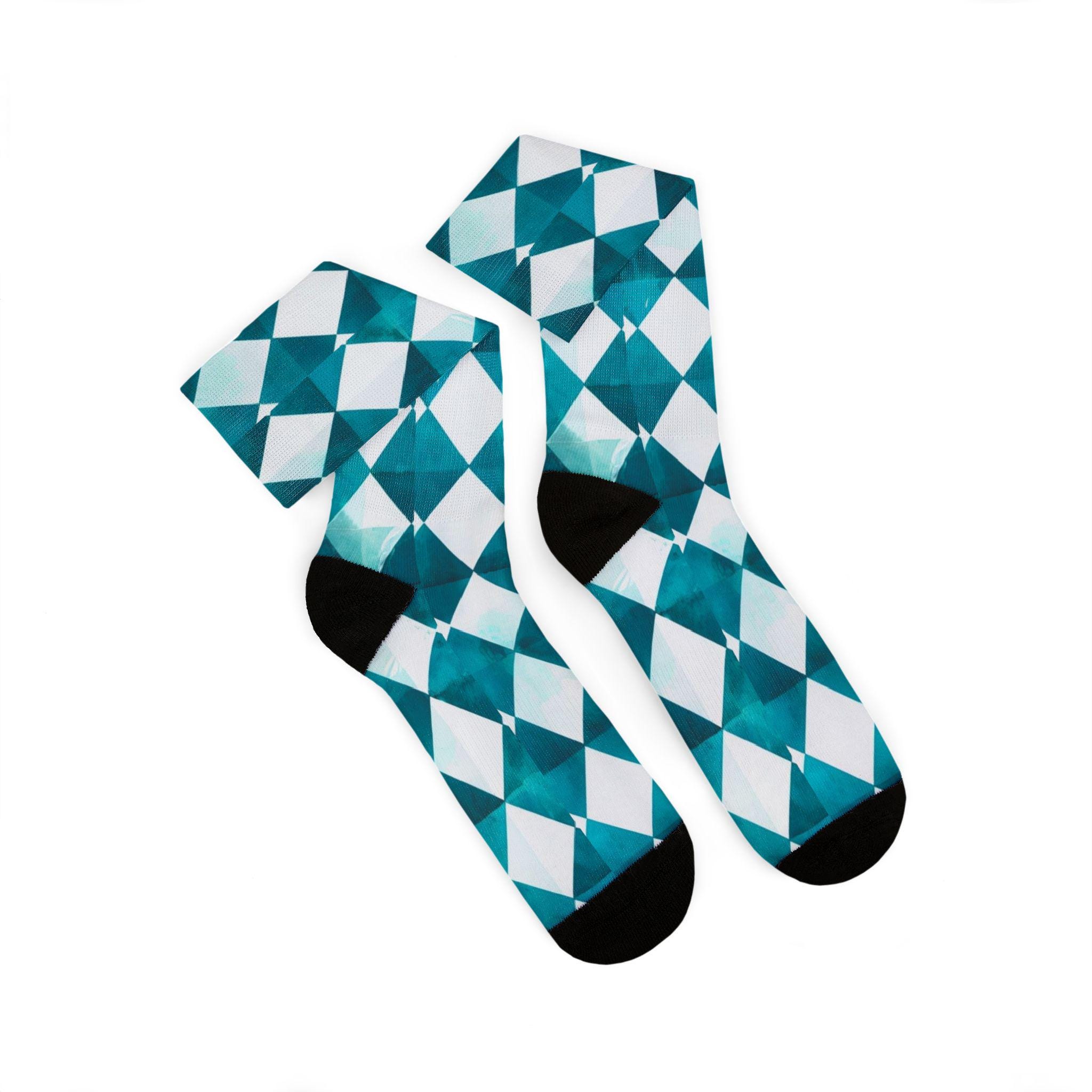Teal Geometric Diamond Pattern, Diamond Print Crew Socks, Blue ...
