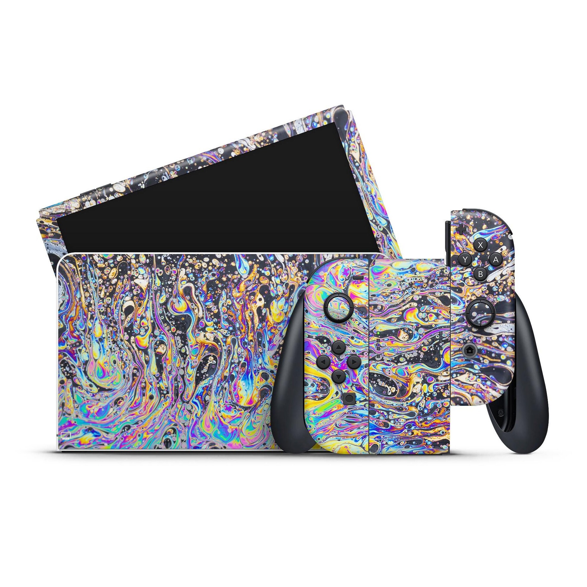 Nintendo Switch OLED Model Skin Wrap Premium Vinyl Rainbow Marble Black ...