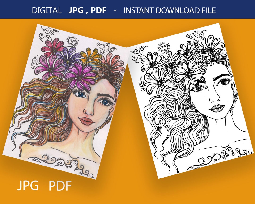 Beautiful Girl Coloring Page for Adults, Girls, Woman's and Children's ...