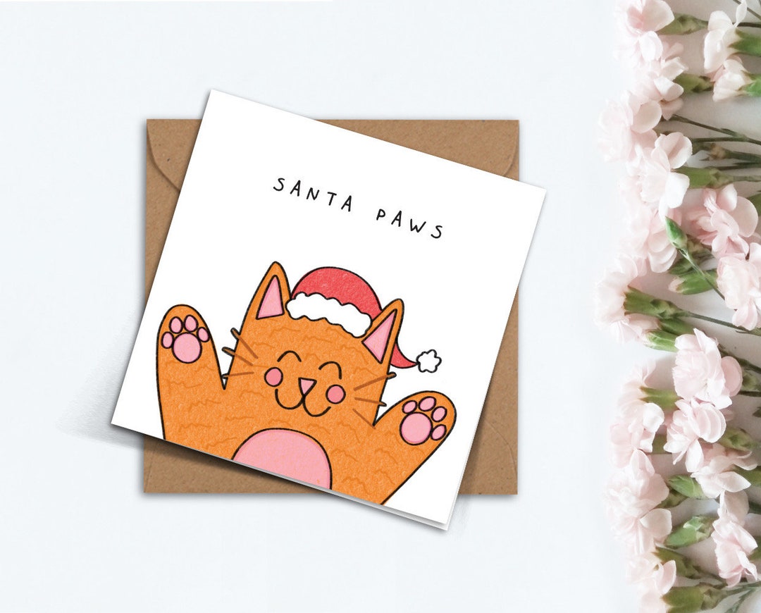 Cute Santa Paws Christmas Card, Funny Handmade Cat Kitten Lover Card ...