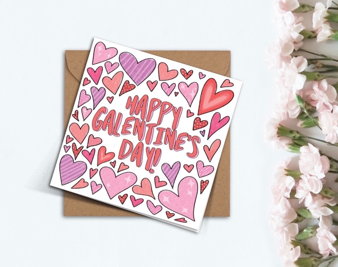 Cute Happy Galentines Day Valentines Day Card Handmade Love Hearts Pink ...