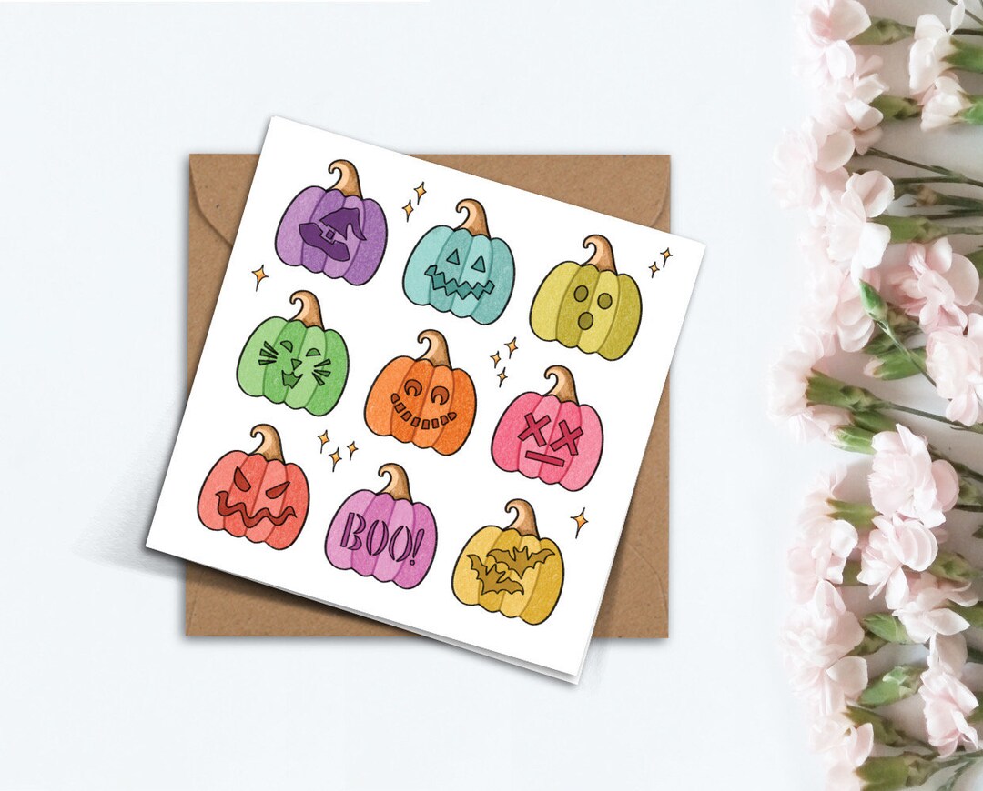 Cute Colourful Pumpkins Halloween Card, Handmade Funky Pumpkin Carving ...