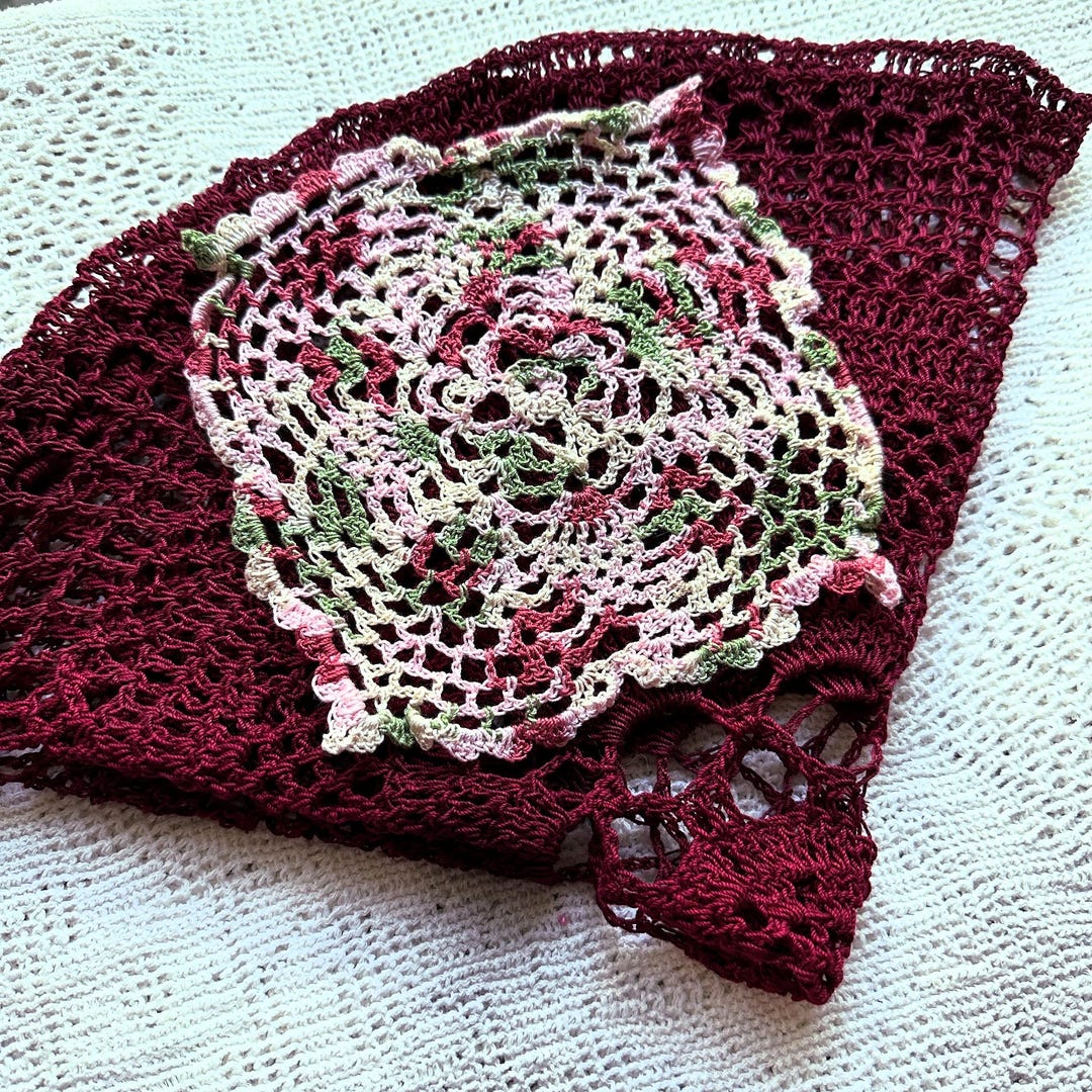 2 Vintage Doilies, 21 Inch Large Round Burgundy Crochet Doily and 7 ...