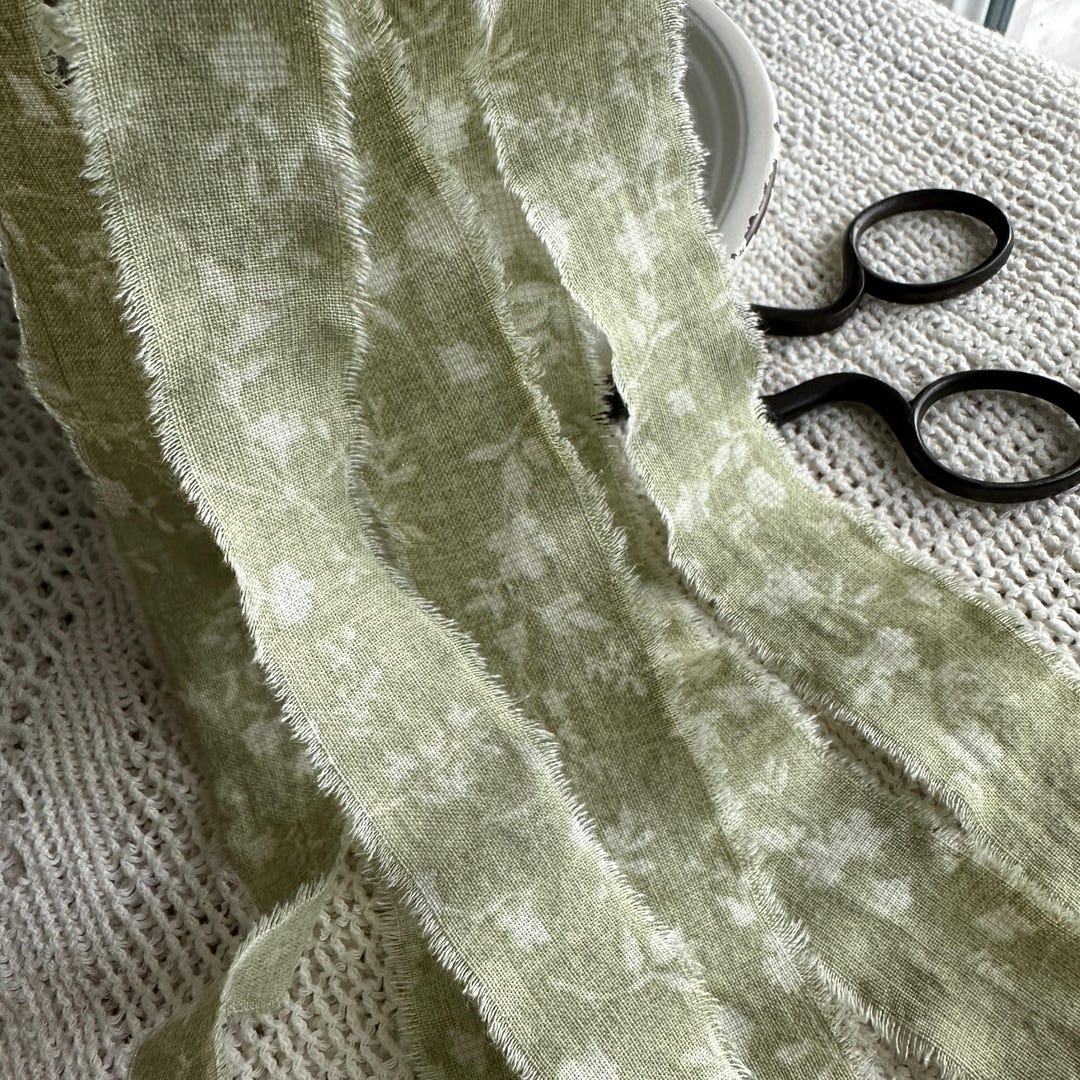 Shabby Hand Frayed Fabric Ribbon, Faded Sage Green - Botanical Flora ...
