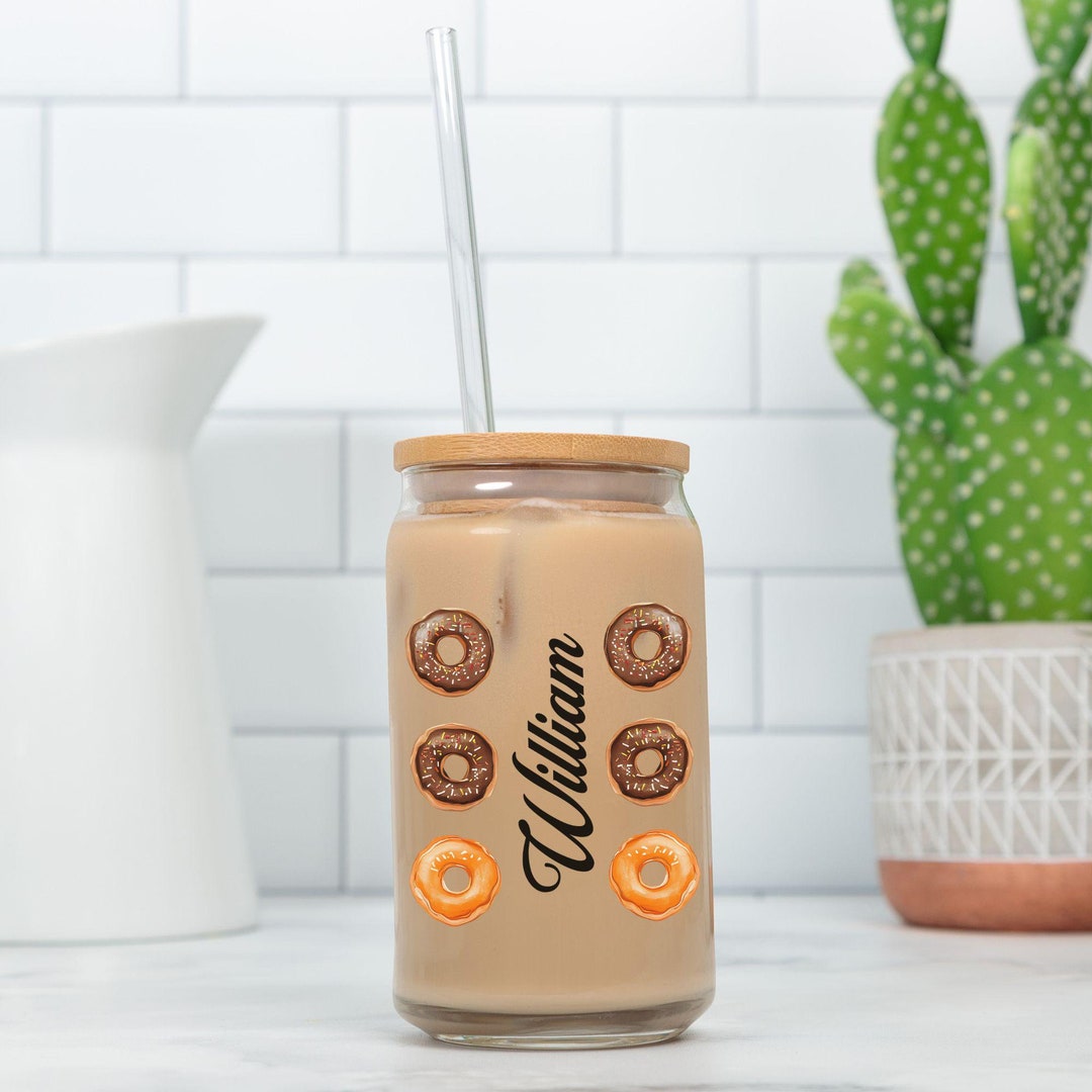 Personalized Iced Coffee Cup, Donut Sipper Glass Cup, Funny Donut Glass ...