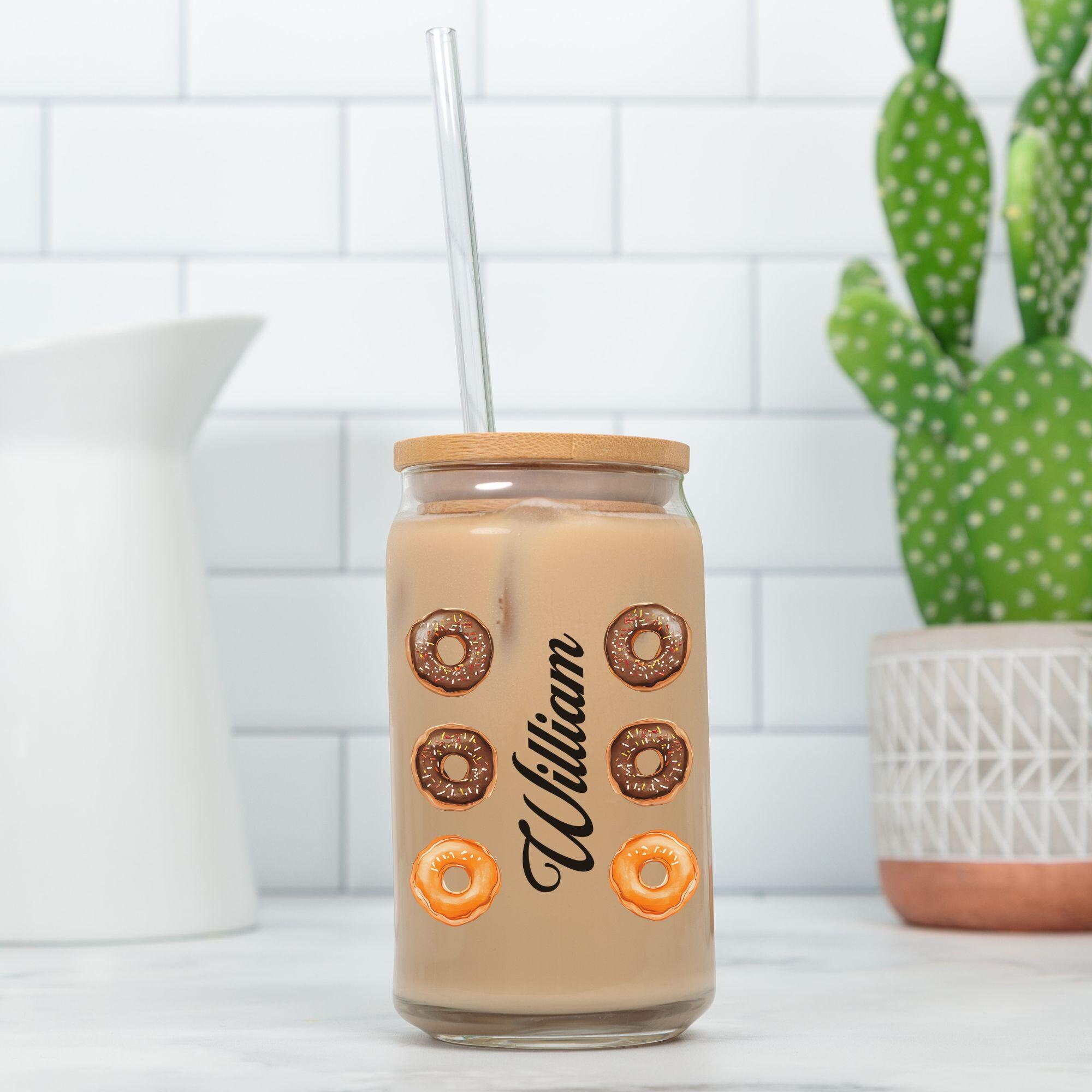 Personalized Iced Coffee Cup, Donut Sipper Glass Cup, Funny Donut Glass ...
