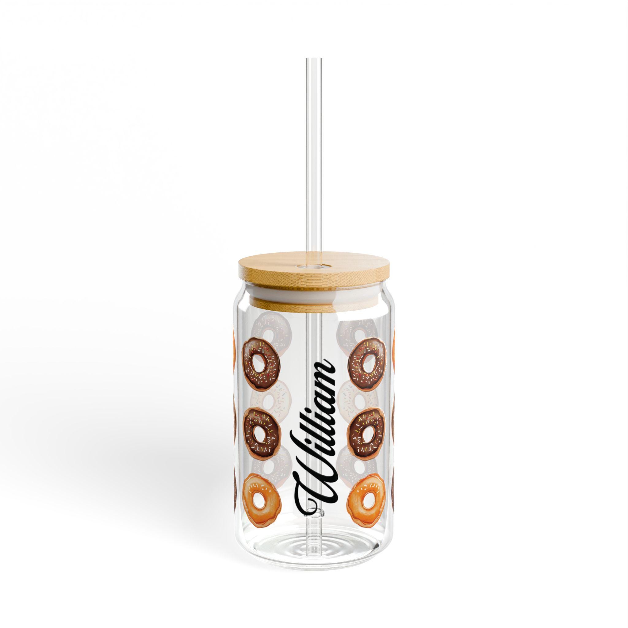 Personalized Iced Coffee Cup, Donut Sipper Glass Cup, Funny Donut Glass ...
