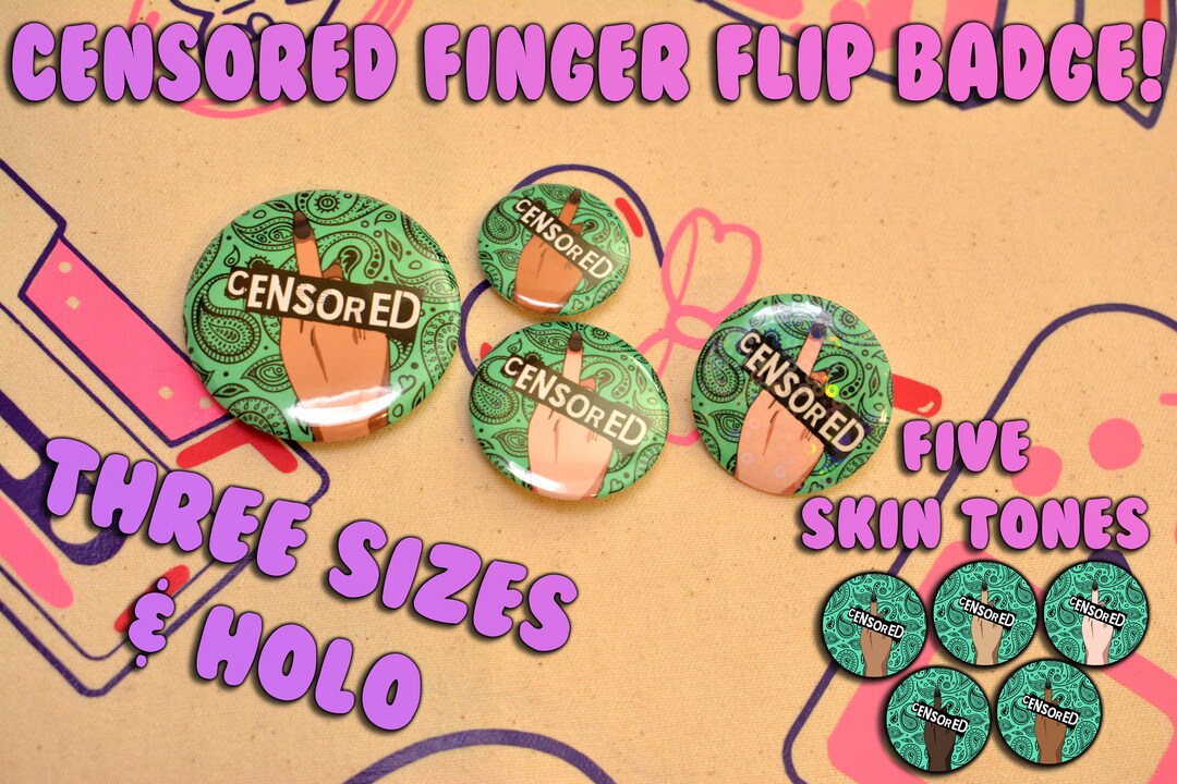 Censored Middle Finger Flip Handsign Anime Style Badge Pin Three Sizes ...