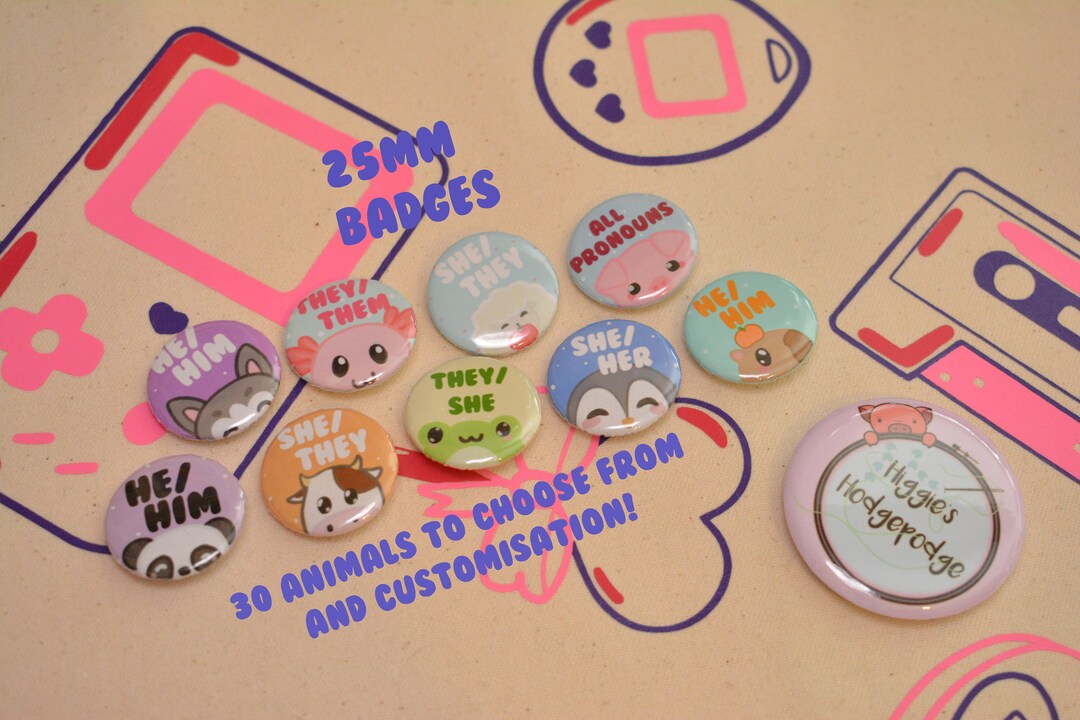 25mm Animal Pronoun Badges - She/they He/him She/her They/them He/they ...