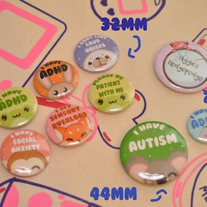32mm Hidden Disabilities Badges, Animals, IBS, ADHD, PTSD, Triggers ...