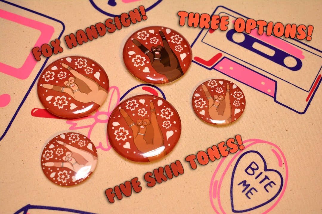 Fox Handsign Anime Style Badge Pin - Two Sizes 32mm & 32mm Holographic ...