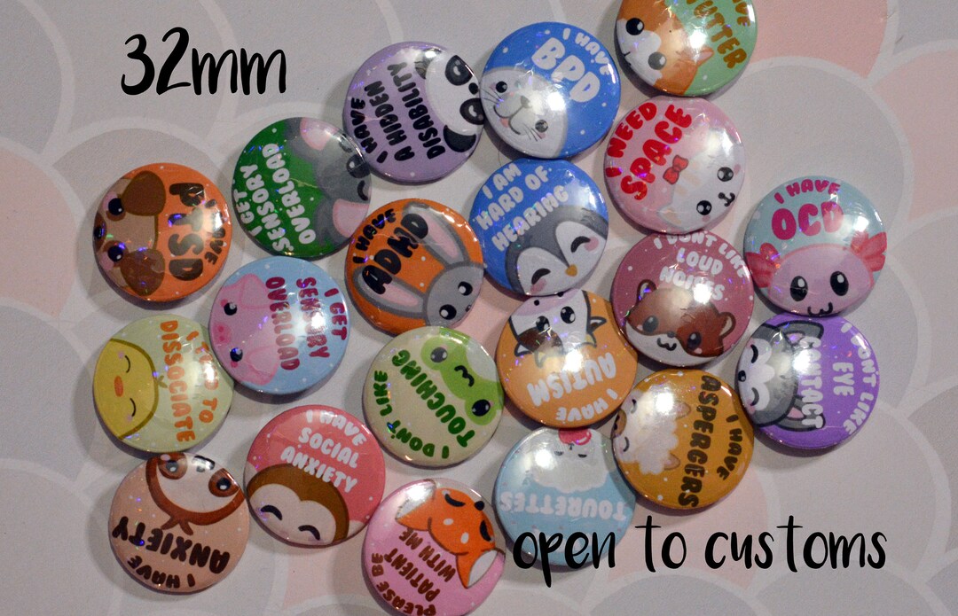 32mm Hidden Disabilities Badges, Animals, IBS, ADHD, PTSD, Triggers ...