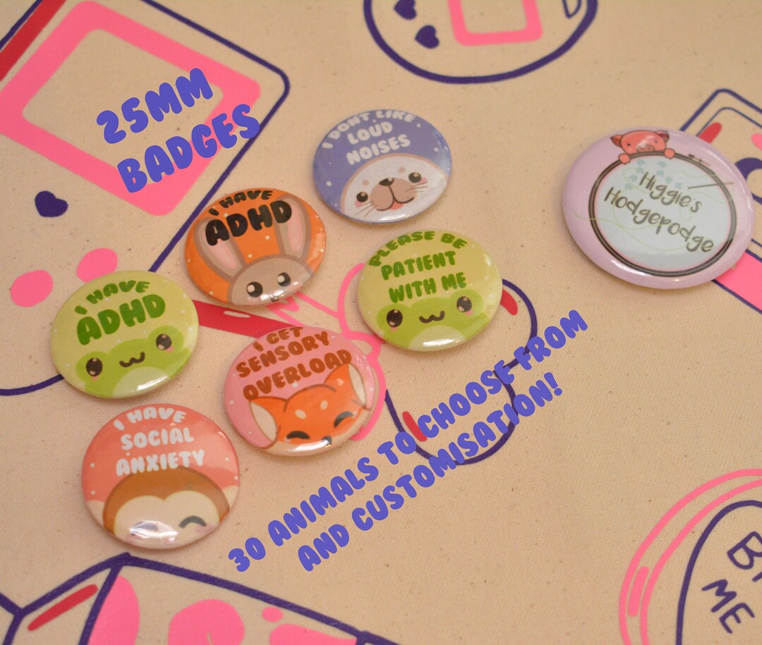 25mm Hidden Disabilities Badges, Animals, IBS, ADHD, PTSD, Triggers ...