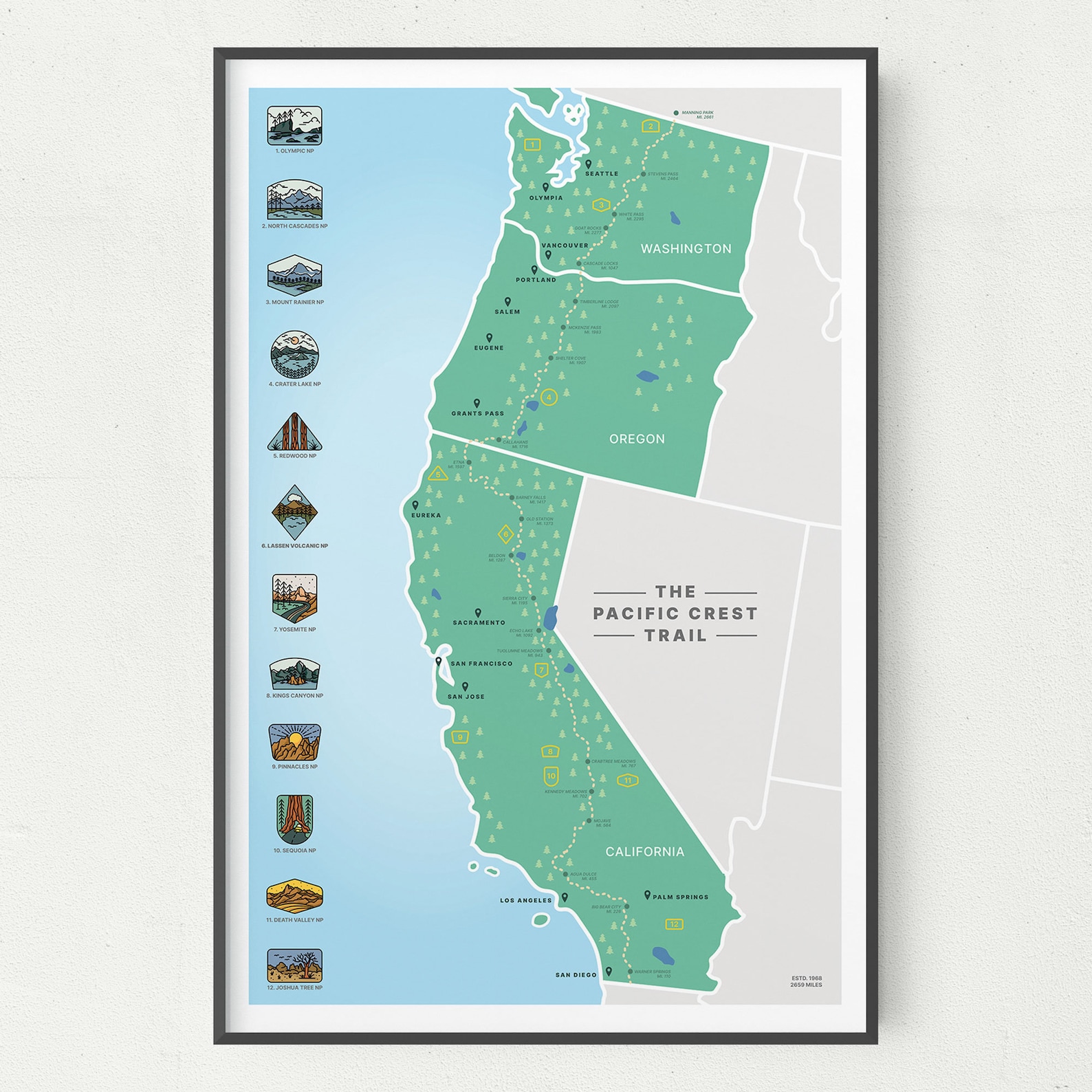 Pacific Crest Trail Map | PCT Hiking Trail Map | PCT Poster | Trail Map ...