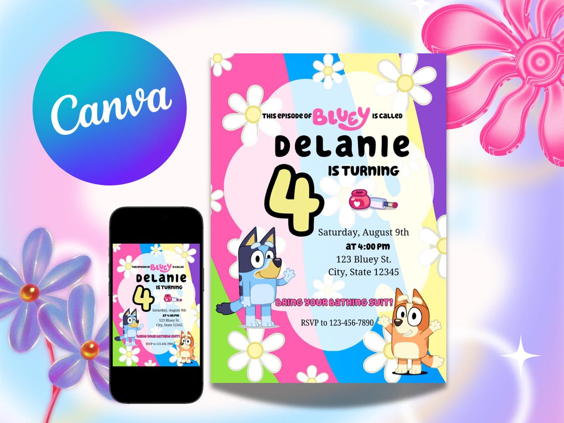 Bluey Birthday Invitation: Editable Floral Template (5x7 Inches ...
