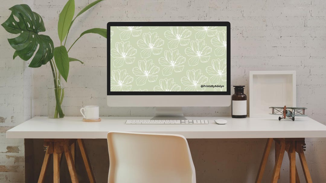 Digital Desktop Wallpaper Sage Green With White Floral - Etsy
