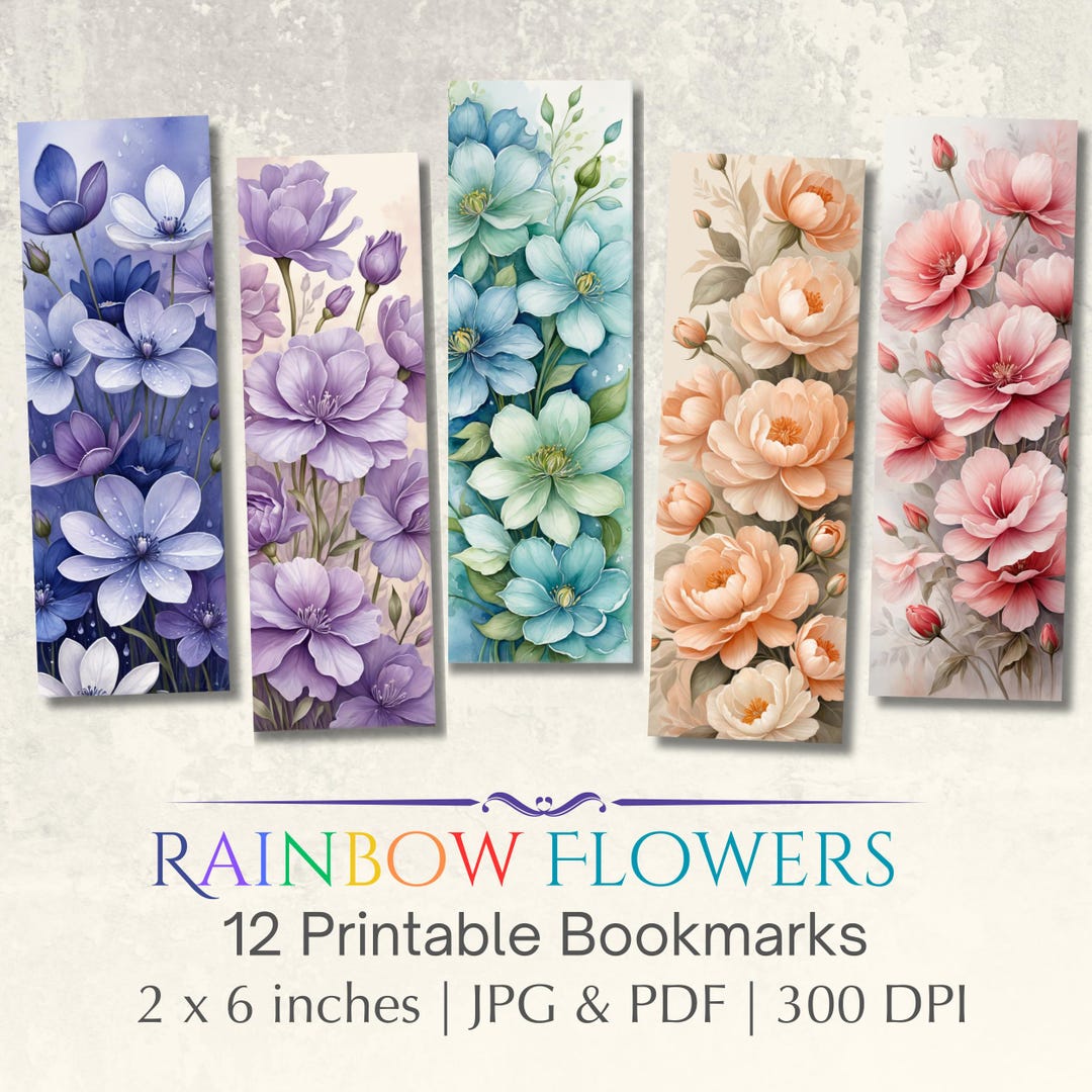 Rainbow Flowers, 12 Printable Floral Bookmark Set, Instant Download ...