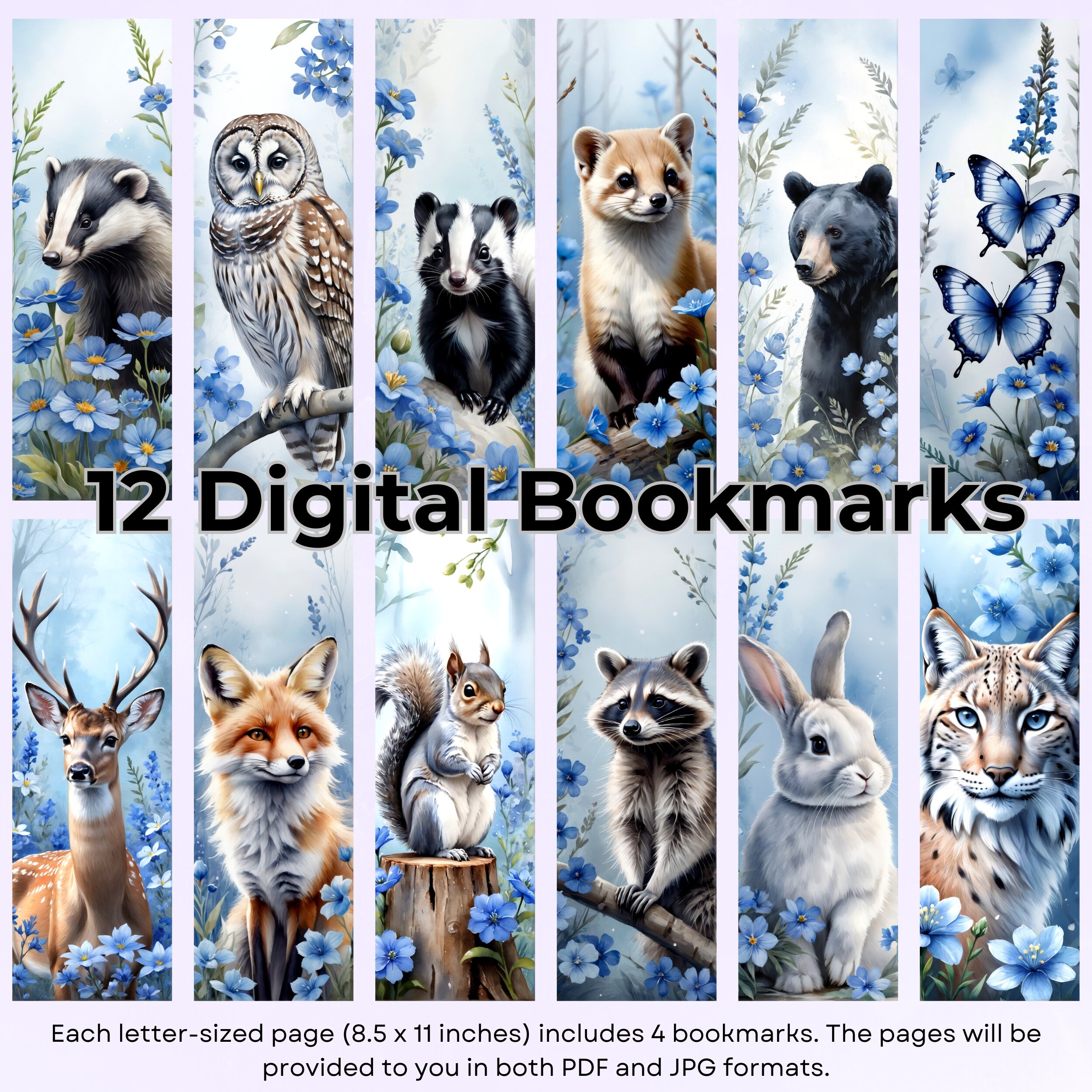 Woodland Animals Bookmarks, Instant Download, Printable Set of 12, Cute ...