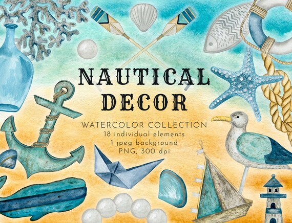 Watercolor Clipart Nautical Decor Marine Vintage Elements - Etsy