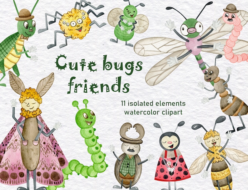 Watercolor Cute Bugs Clipart for Kids. Spider Butterfly - Etsy