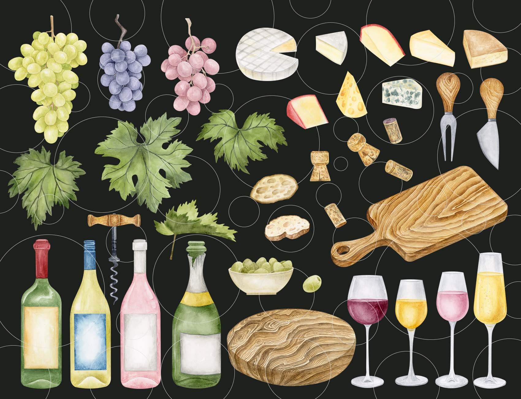 Watercolor Wine Clipart, Wine and Cheese, Wedding Clipart, Wine Glasses ...
