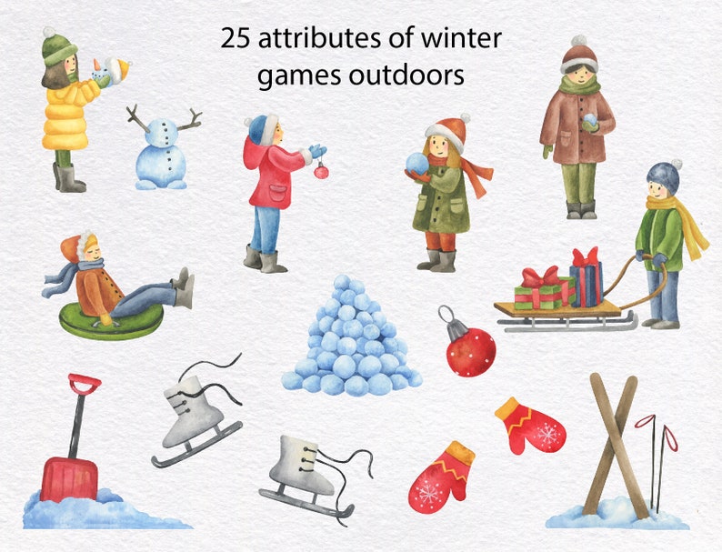 Children Winter Fun Outdoors. Watercolor Christmas Clipart. Winter ...