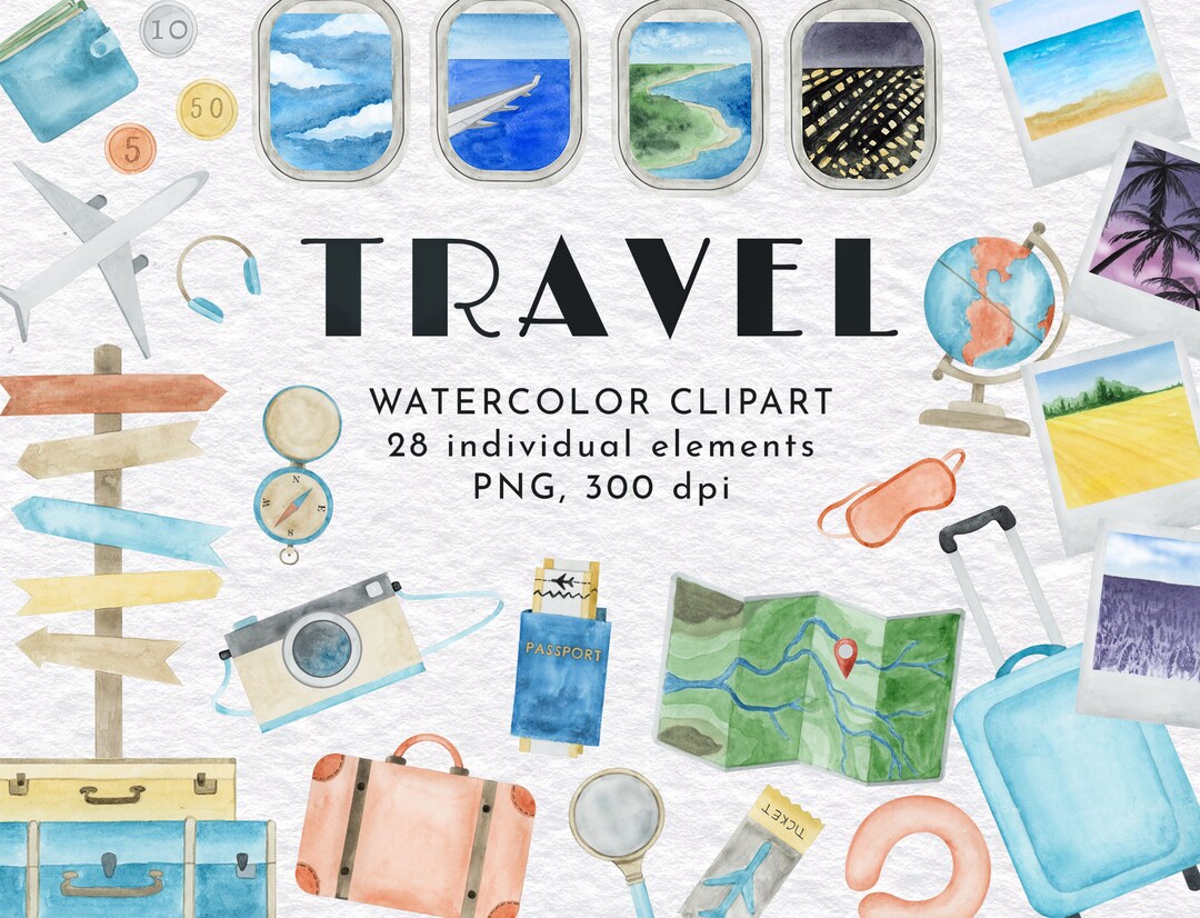 Watercolor Travel Clipart, Vacation, Trip, Vintage Luggage, Travel ...