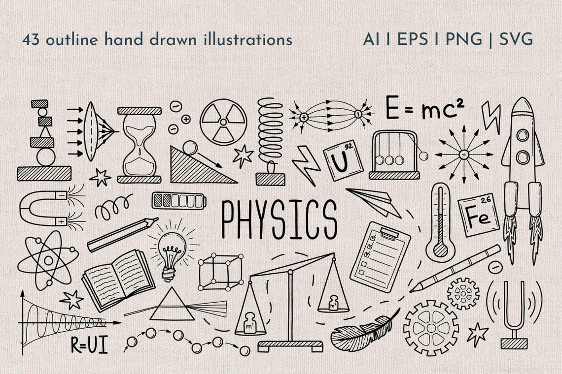 Physics School Elements. Hand Drawn Vector Doodle Clipart. Science ...