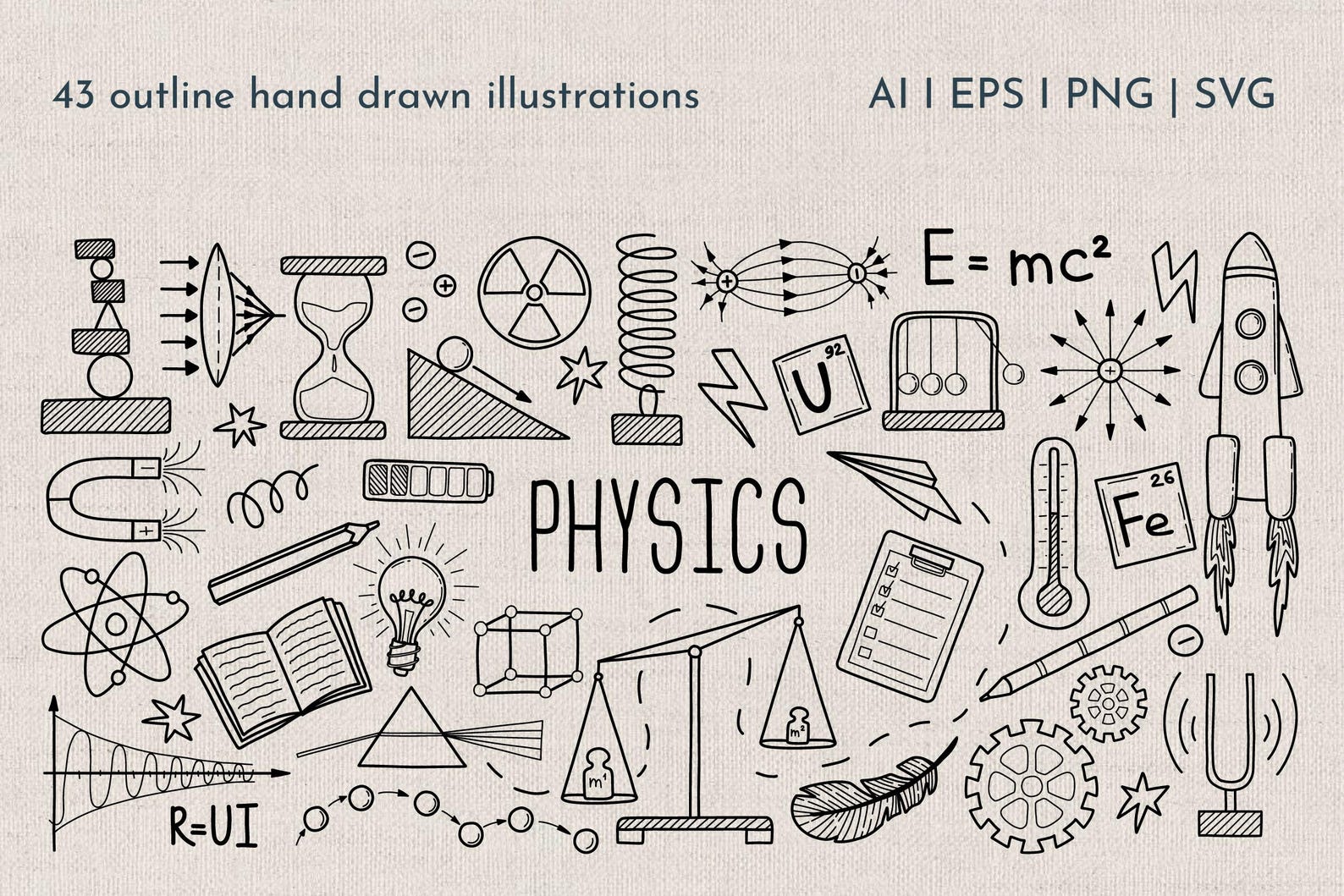 Physics School Elements. Hand Drawn Vector Doodle Clipart. Science ...