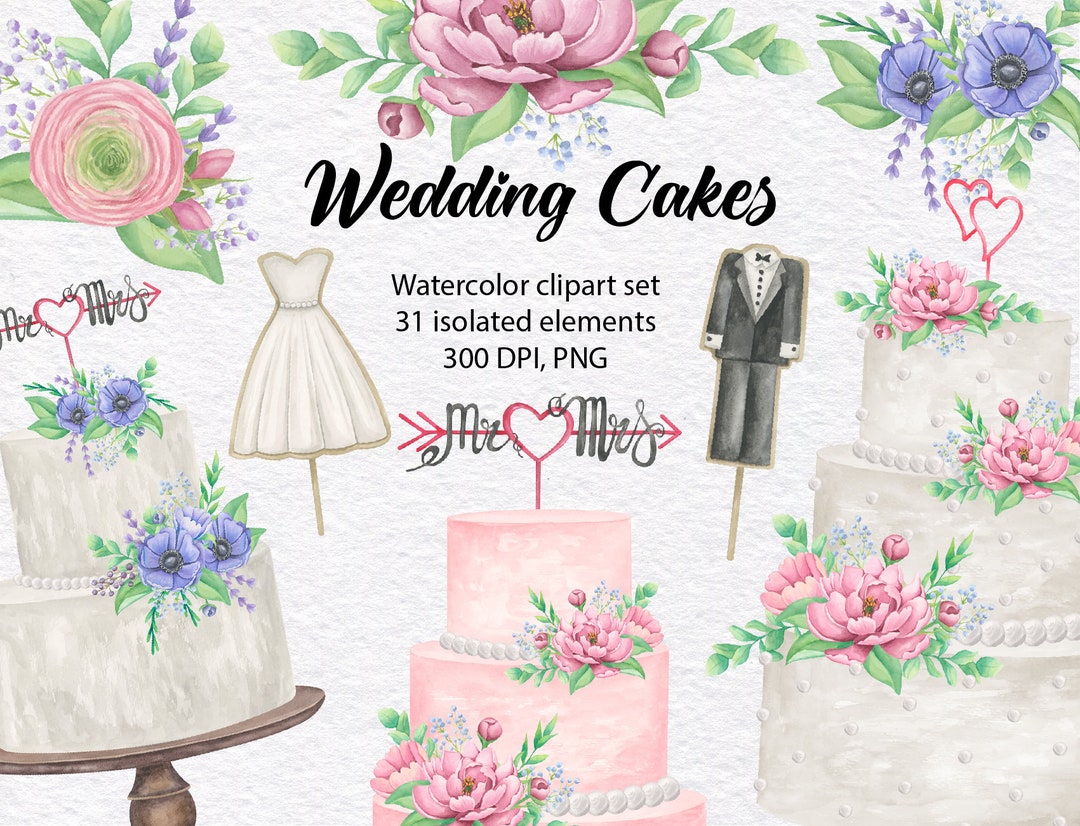 Wedding Cakes Collection. Watercolor Clipart. Wedding Decoration for ...