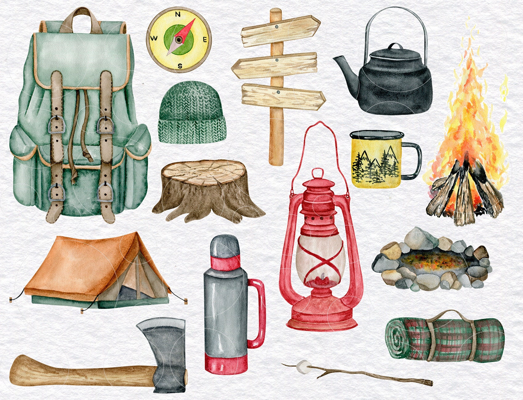 Watercolor Camping Clipart / Hand Drawn Elements / Forest Rest/ Hiking ...