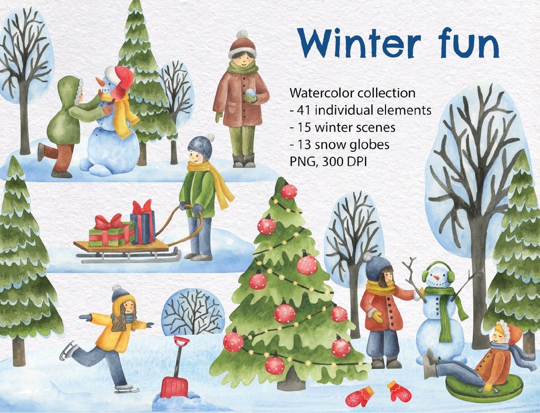 Children Winter Fun Outdoors. Watercolor Christmas Clipart. Winter ...