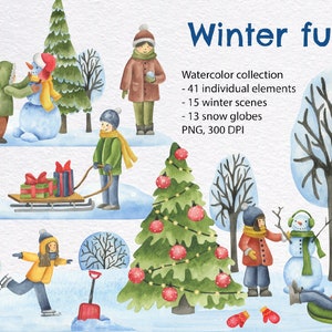 Children Winter Fun Outdoors. Watercolor Christmas Clipart. Winter ...