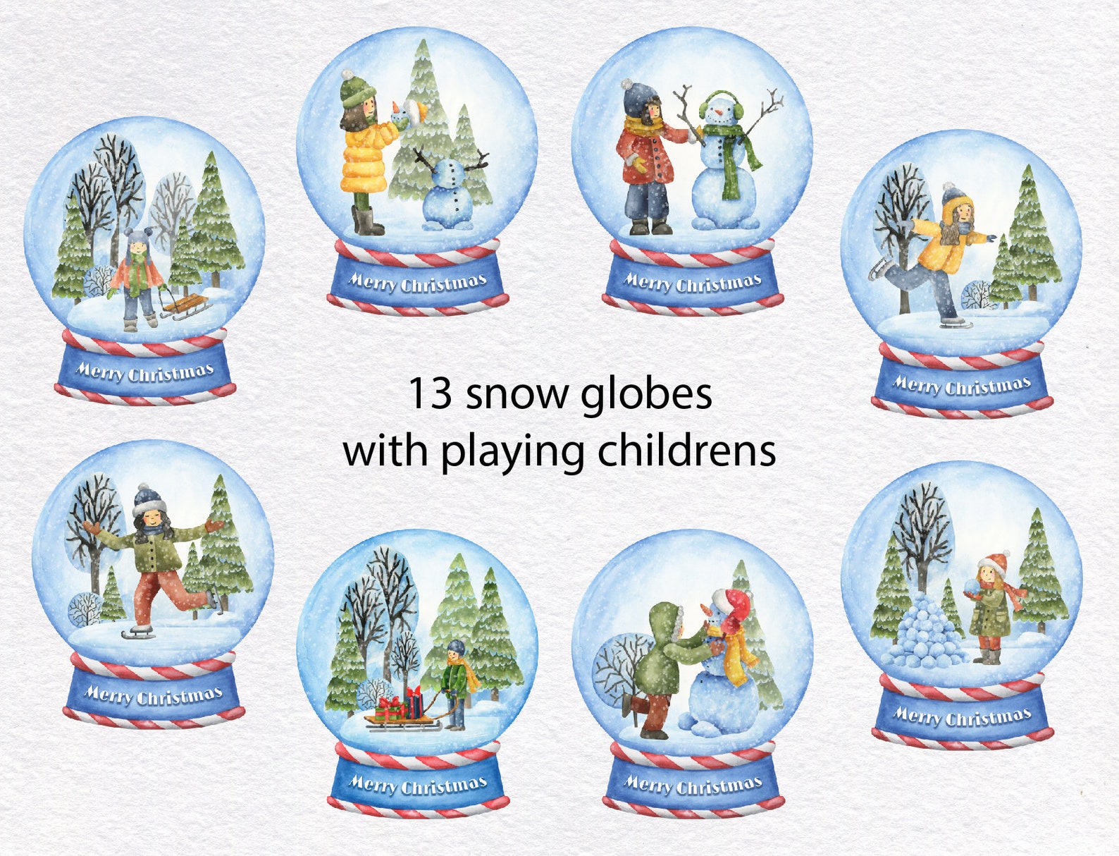 Children Winter Fun Outdoors. Watercolor Christmas Clipart. Winter ...