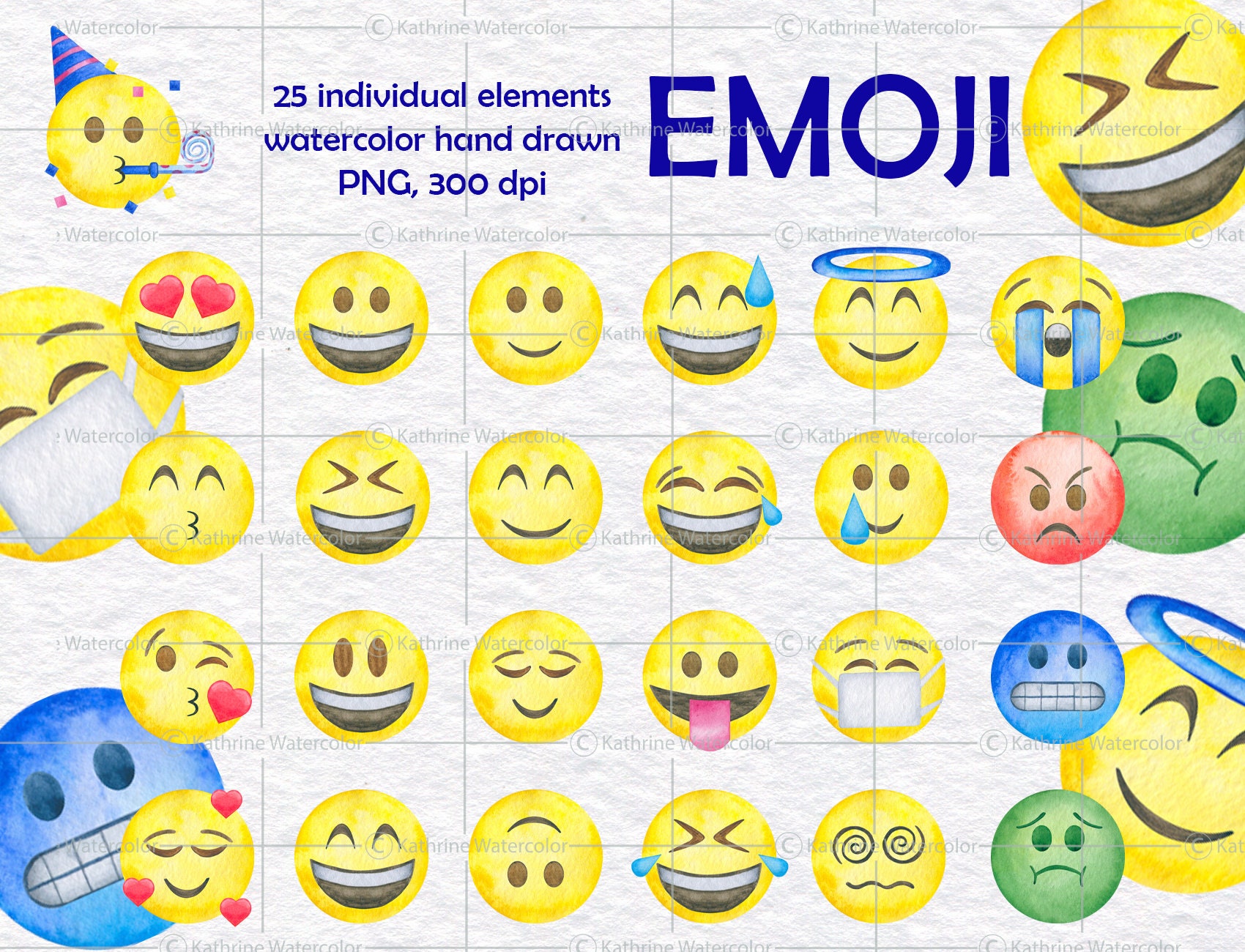 Watercolor Emoji Clipart, Planner Sticker, Watercolor Clipart,smiley ...