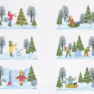 Children Winter Fun Outdoors. Watercolor Christmas Clipart. Winter ...
